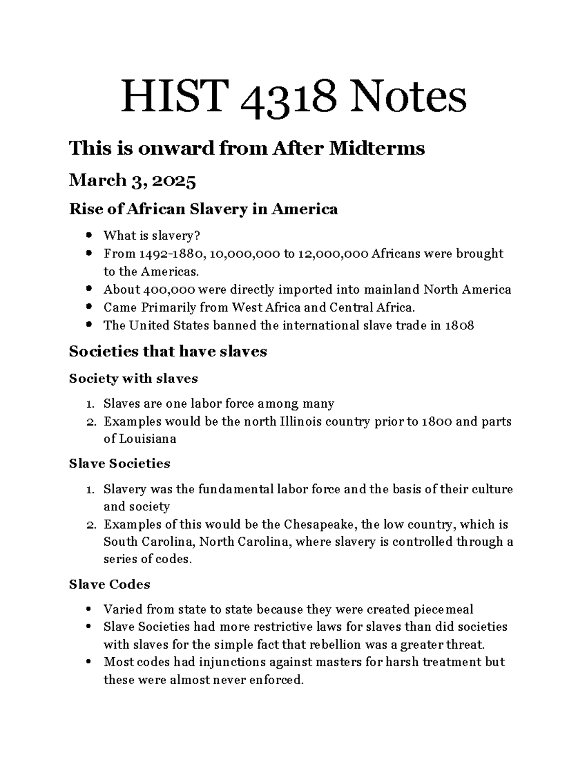 HIST 4318 Lecture Notes: The Road to Civil War and Impacts of Slavery ...