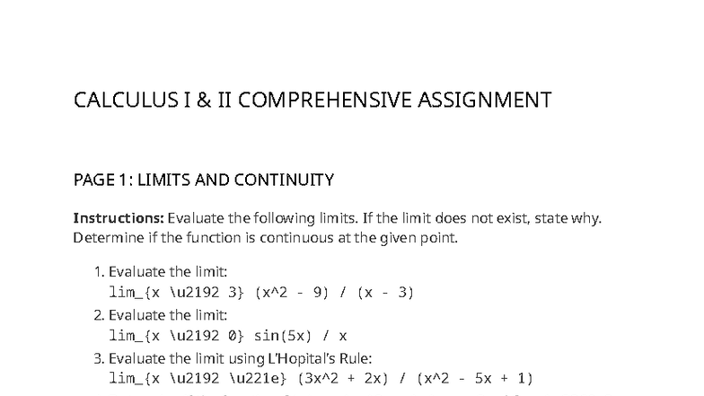 CALC I II COMPREHENSIVE ASSIGNMENT: LIMITS, DERIVATIVES & INTEGRALS - Studocu