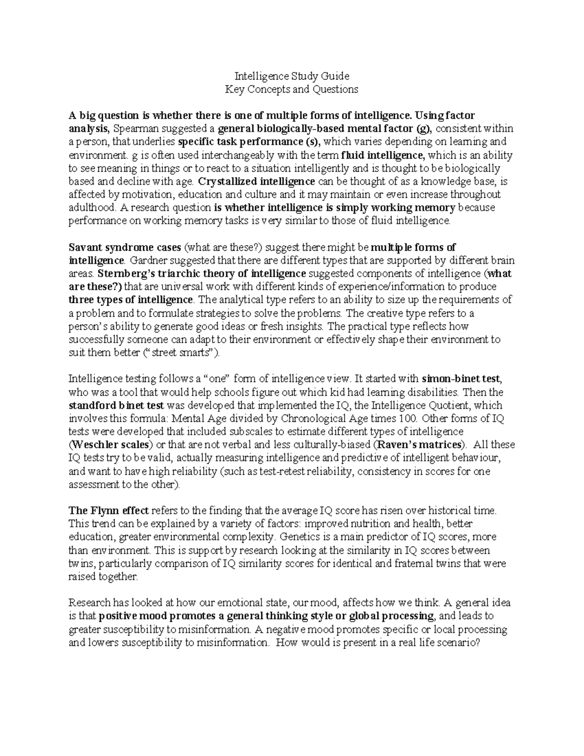 Intelligence Study Guide: Key Concepts & Theories (PSY 101) - Studocu
