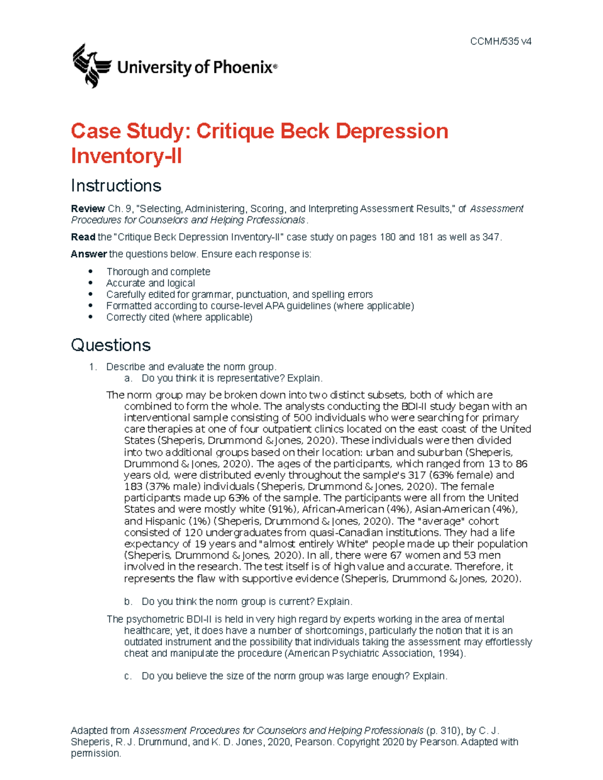 CCMH/535 - Case Study Critique of Beck Depression Inventory-II - Studocu