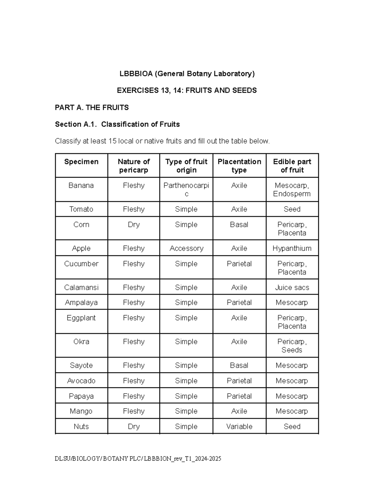 General Botany Lab (LBBBIOA) Exercises 13-14: Fruits & Seeds Analysis ...