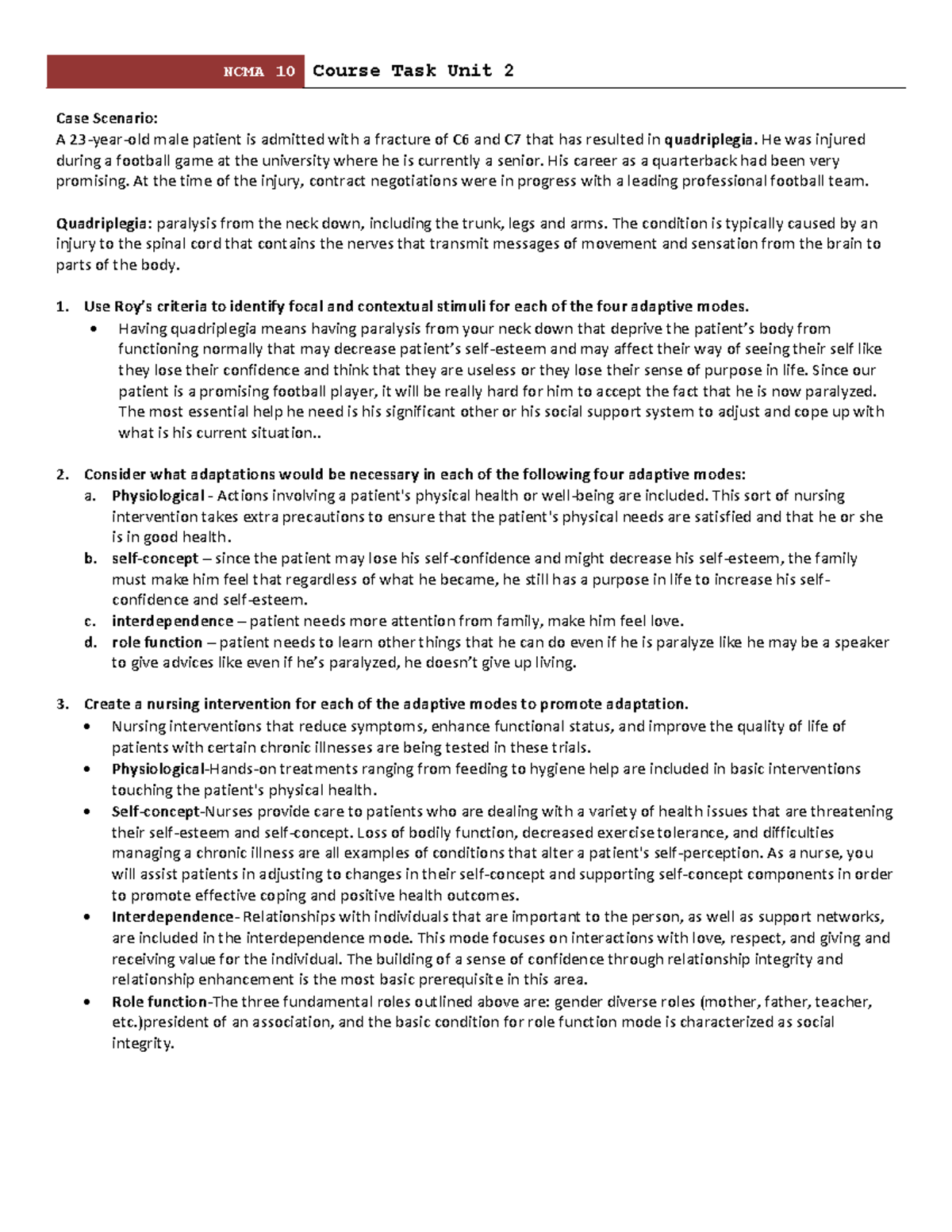 Case Study 2: Quadriplegia Adaptation Strategies - NCMA 10 Finals - Studocu