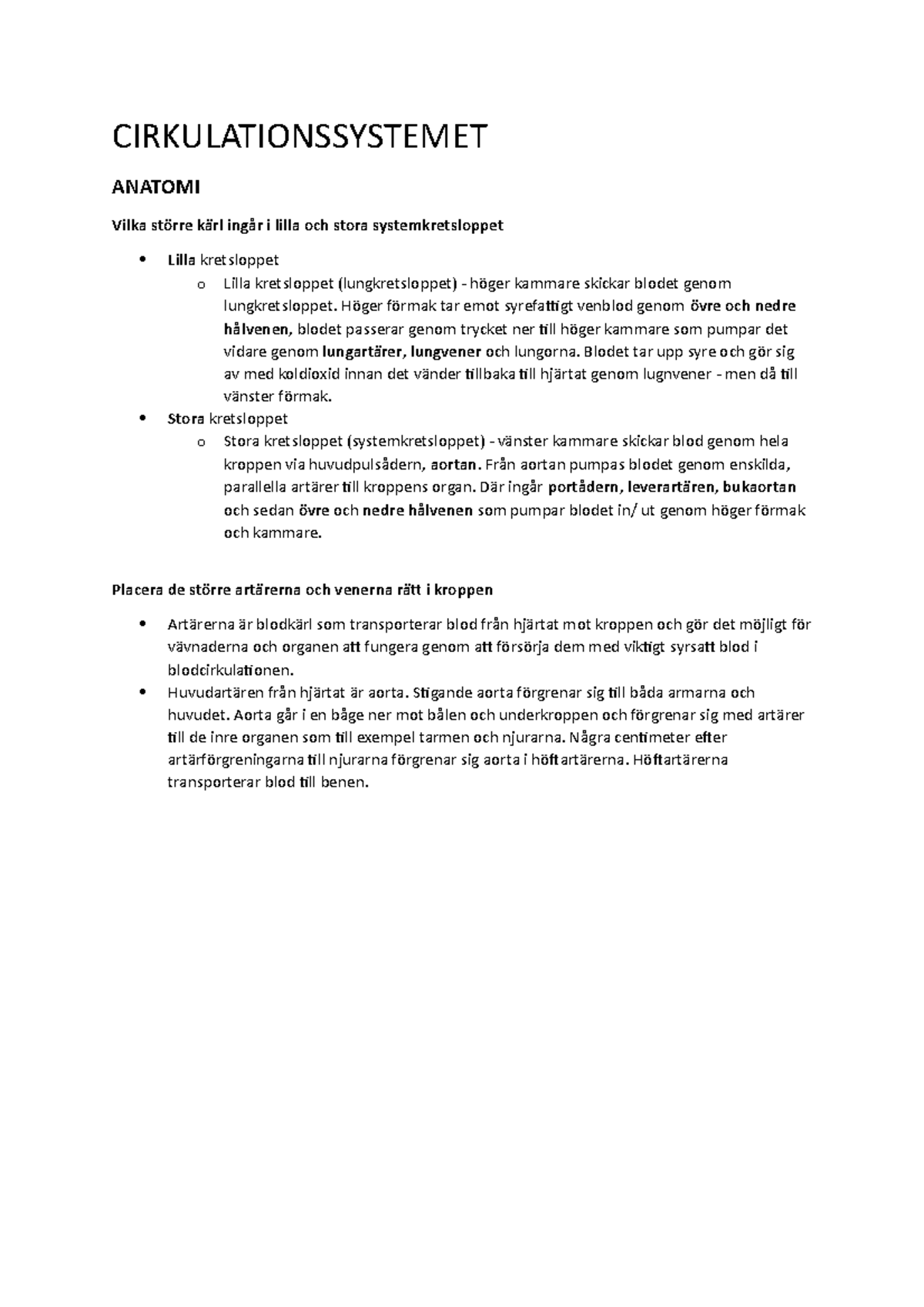 Anatomiska Aspekter av Circulationssystemet och Hjärtats Funktioner ...