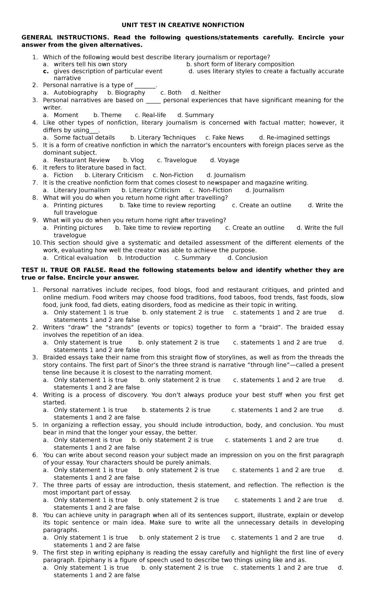 Creative Nonfiction Unit Test: An Assessment on Key Concepts - Studocu