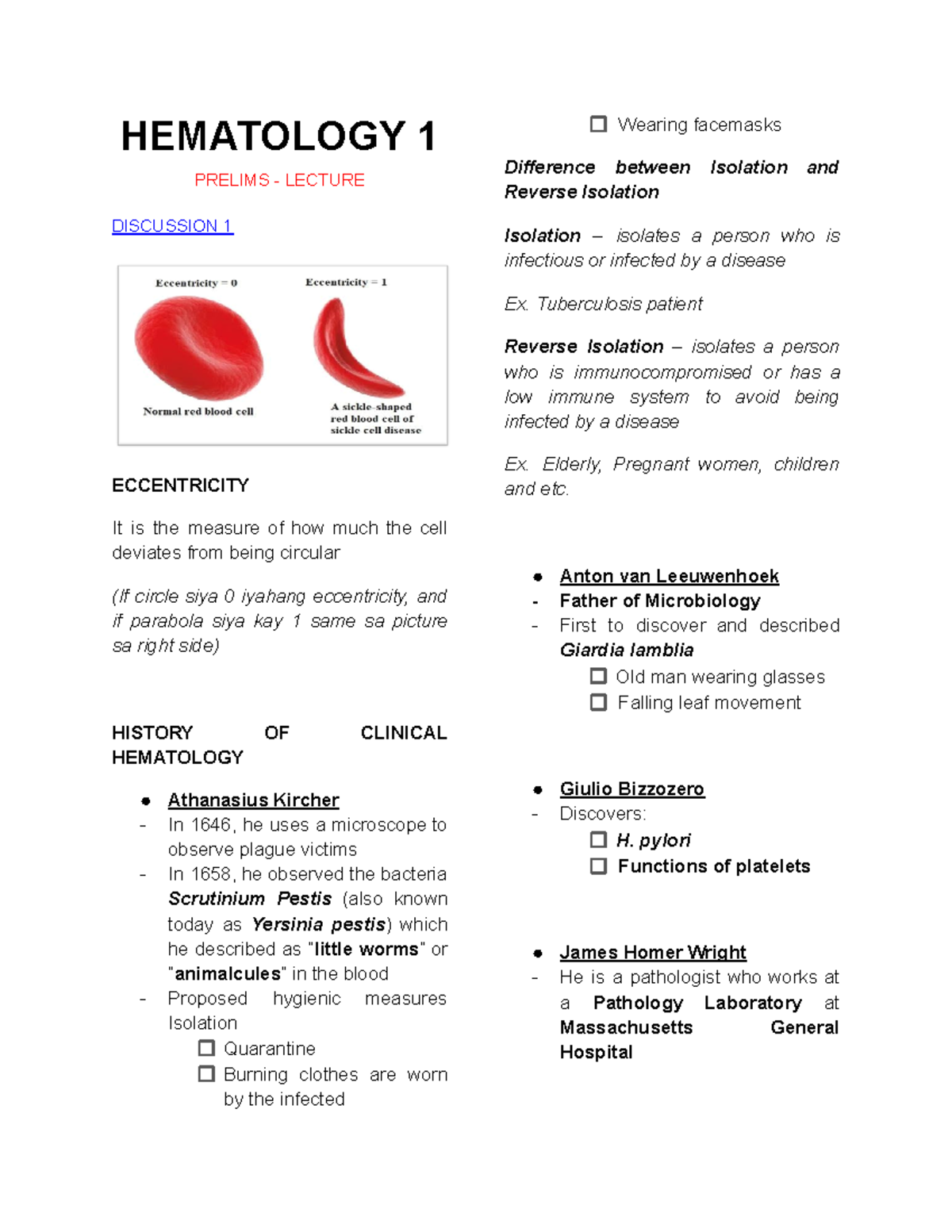 HEMATOLOGY 1 - Prelims Lecture Notes on Blood and Hematopoiesis - Studocu