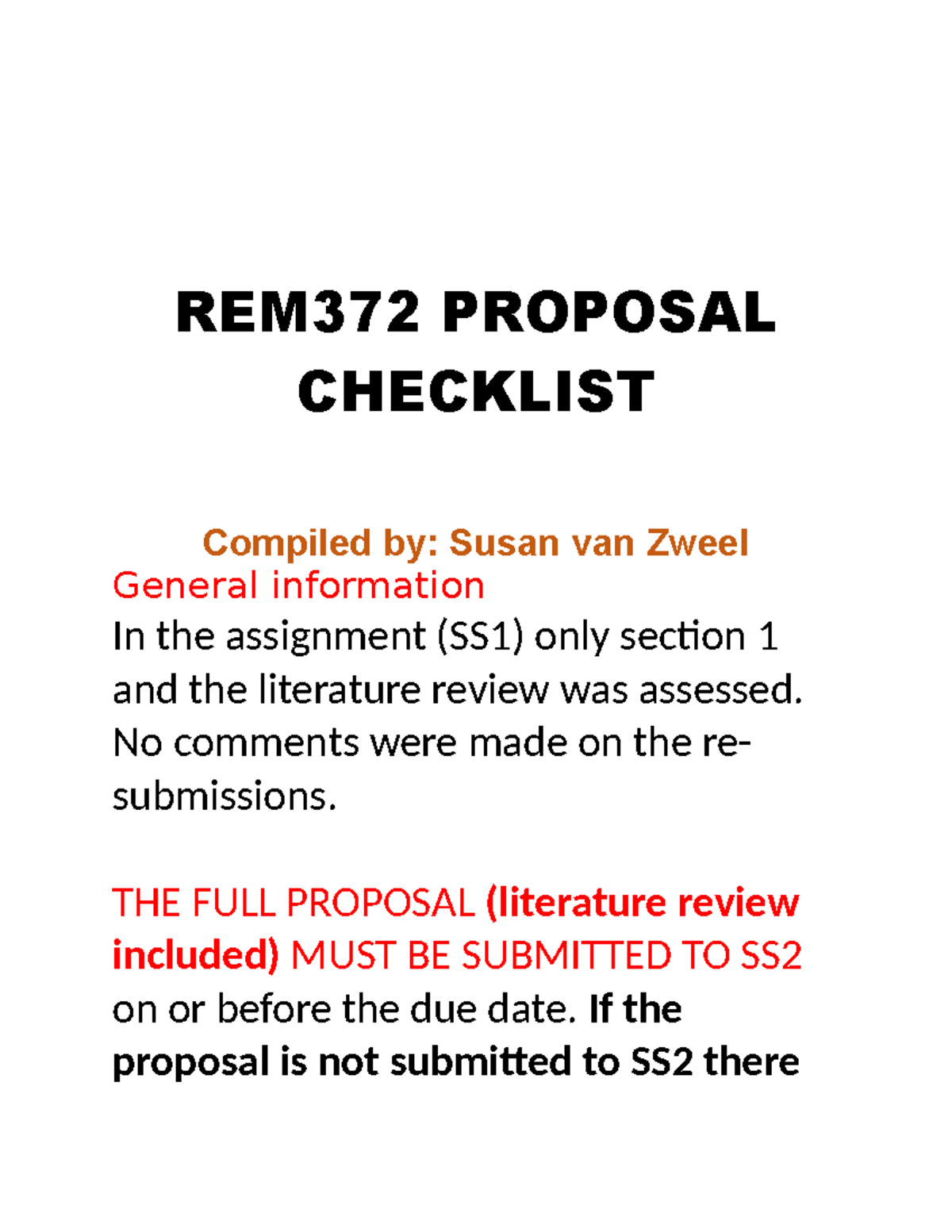 REM372 SS2 Proposal Writing Checklist and Guidelines - Studocu