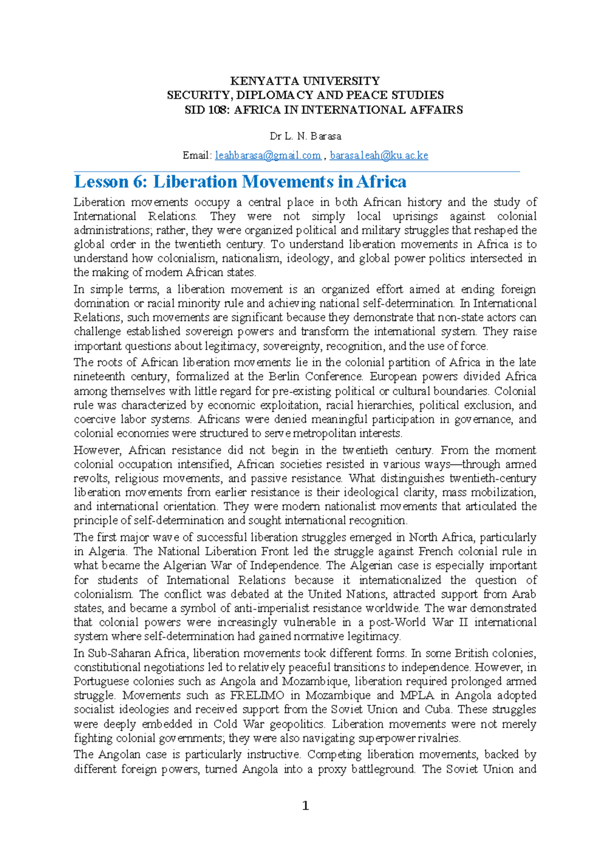 Lesson 6: Liberation Movements in Africa and the Cold War - SID 108 ...