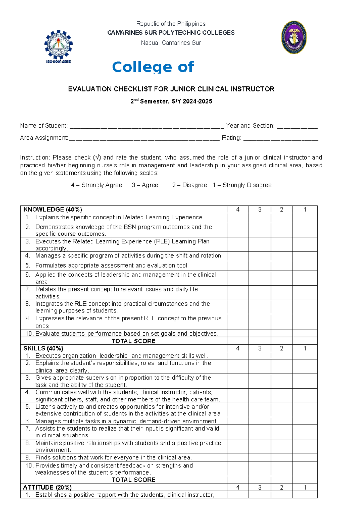 JCI Evaluation Checklist for Junior Clinical Instructor - 2nd Sem - Studocu