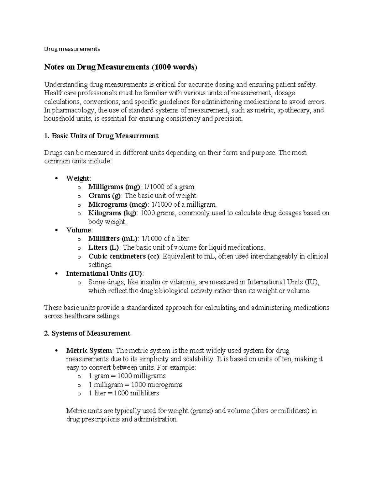 Drug Measurements: Essential Notes for Accurate Dosing and Safety - Studocu