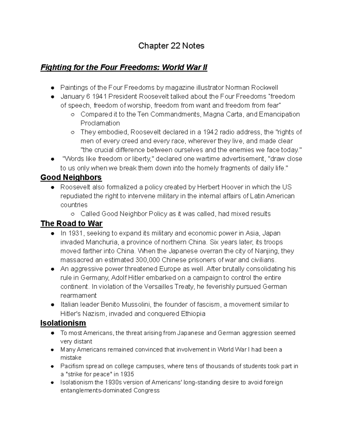 Chapter 22 Notes: The Four Freedoms and America's Role in WWII - Studocu