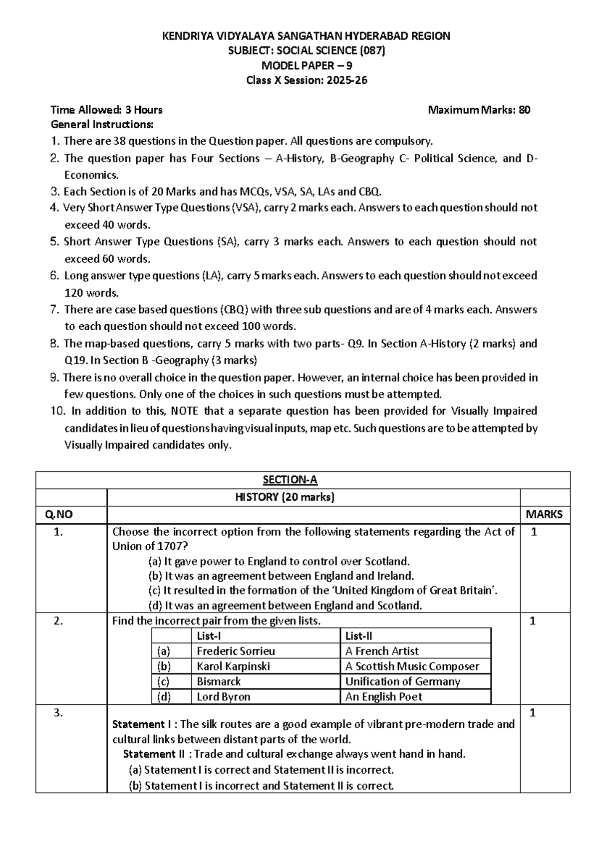 Model Paper 9 - Social Science (087) Class X - Hyderabad Region - Studocu