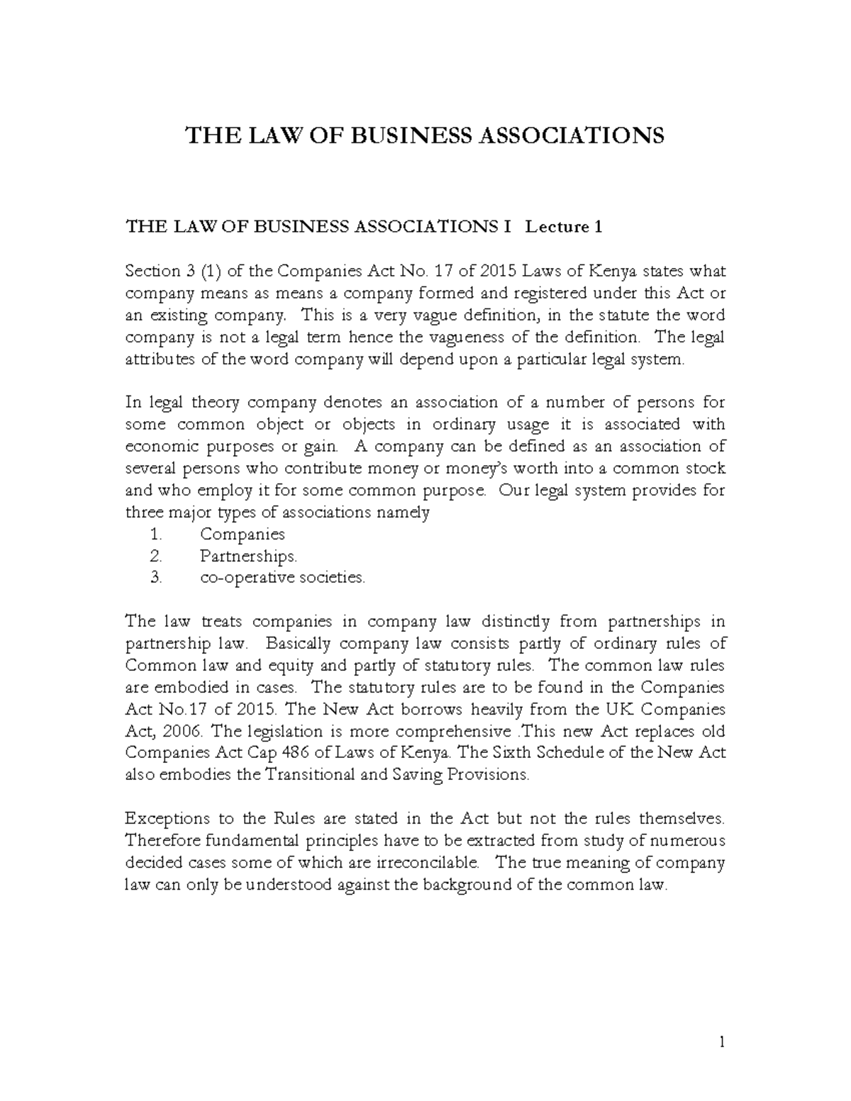 LBA - LAW OF BUSINESS ASSOCIATIONS LECTURE NOTES Overview - Studocu