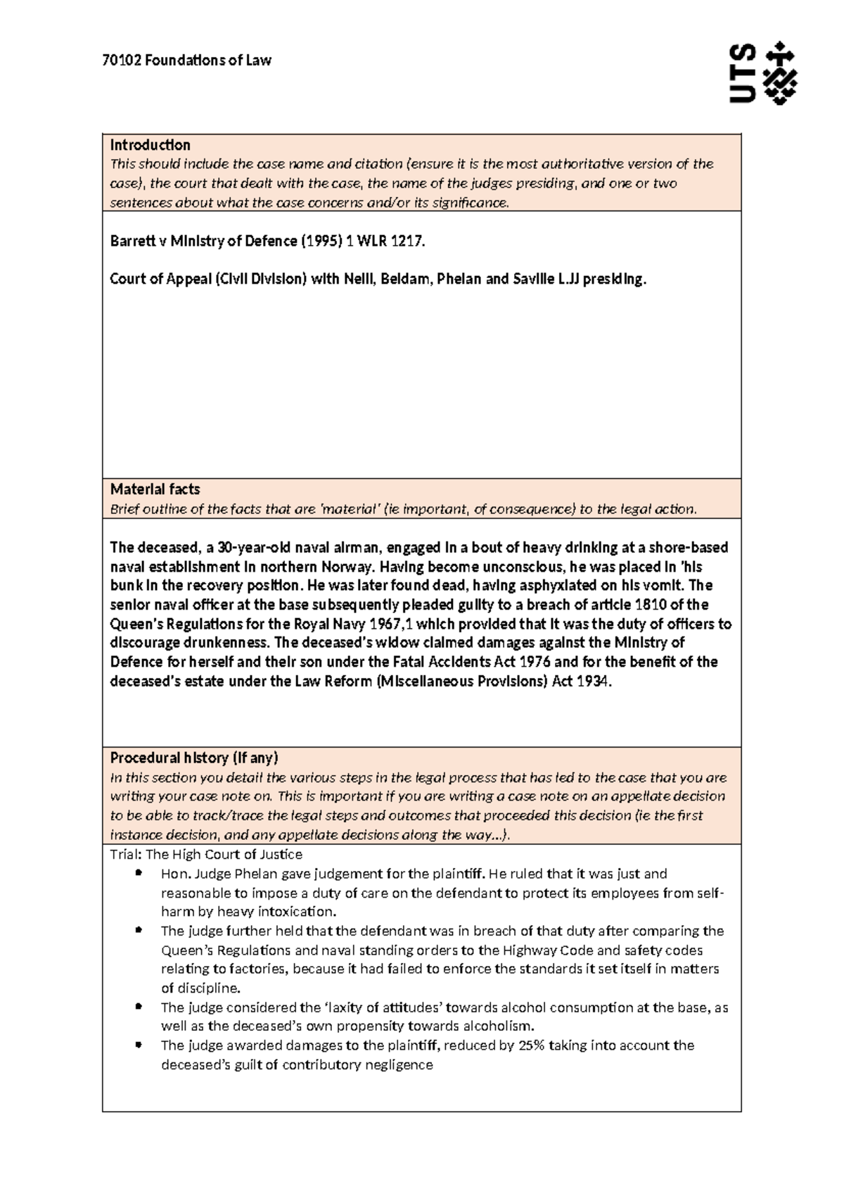 70102 Foundations of Law Case Note: Barrett v Ministry of Defence ...