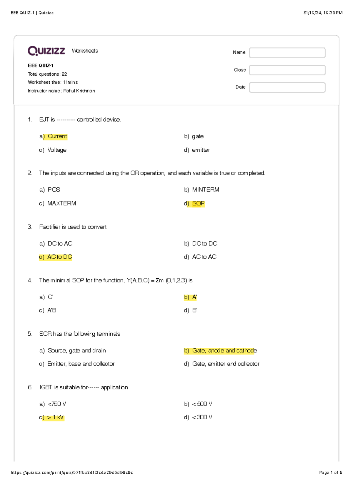 Unit 2 and 3 mcq - useful - Worksheets EEE QUIZ- Total questions: 22 ...