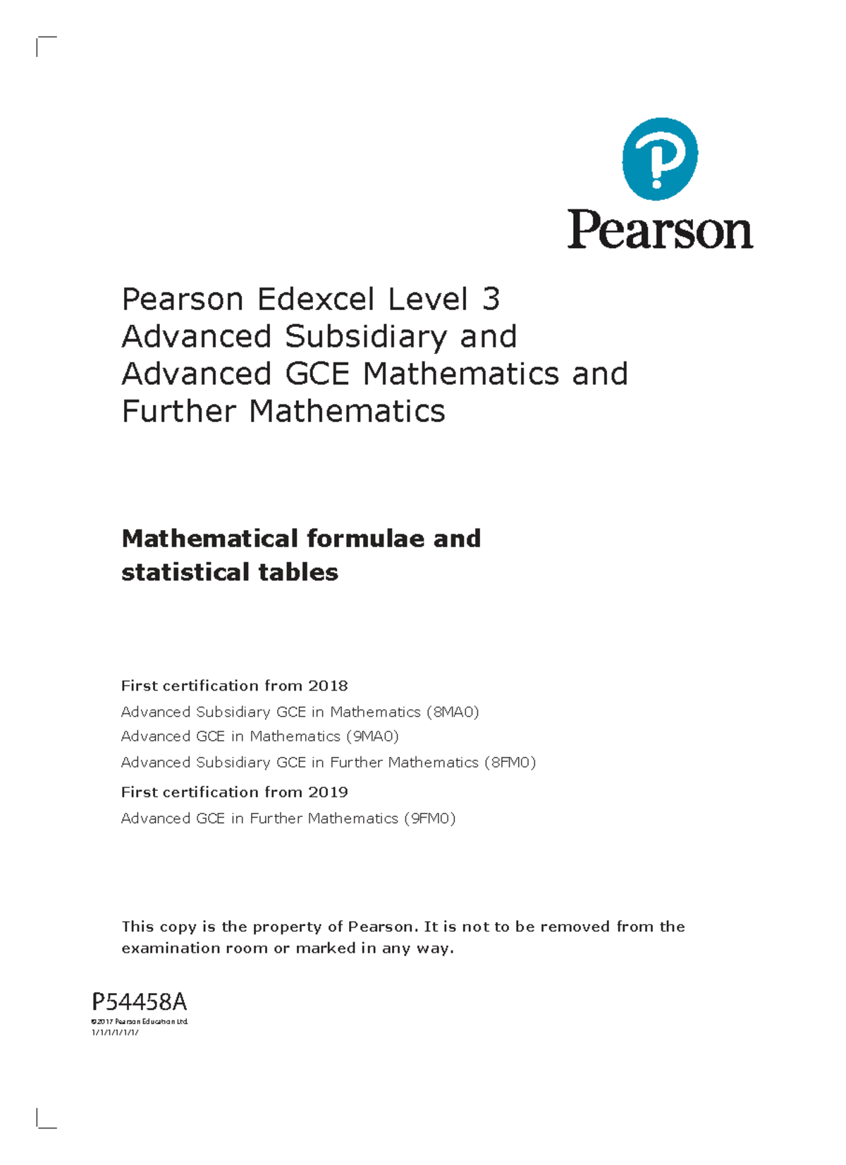 Pearson Edexcel A Level GCE Mathematics Formulae & Statistical Tables ...