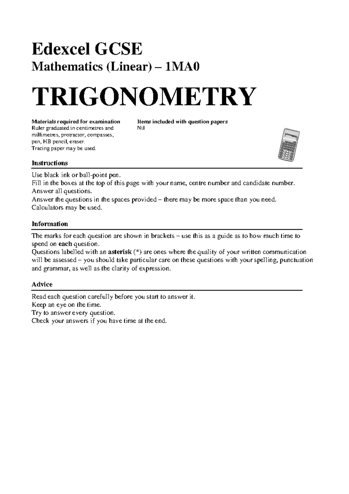 Edexcel GCSE Maths 1MA0 Trigonometry Exam Instructions & Questions ...