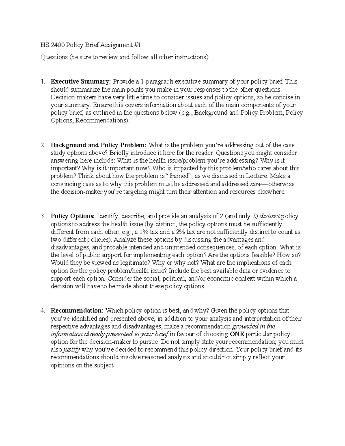 HS 2400 Policy Brief Assignment: Key Questions & Guidelines - Studocu