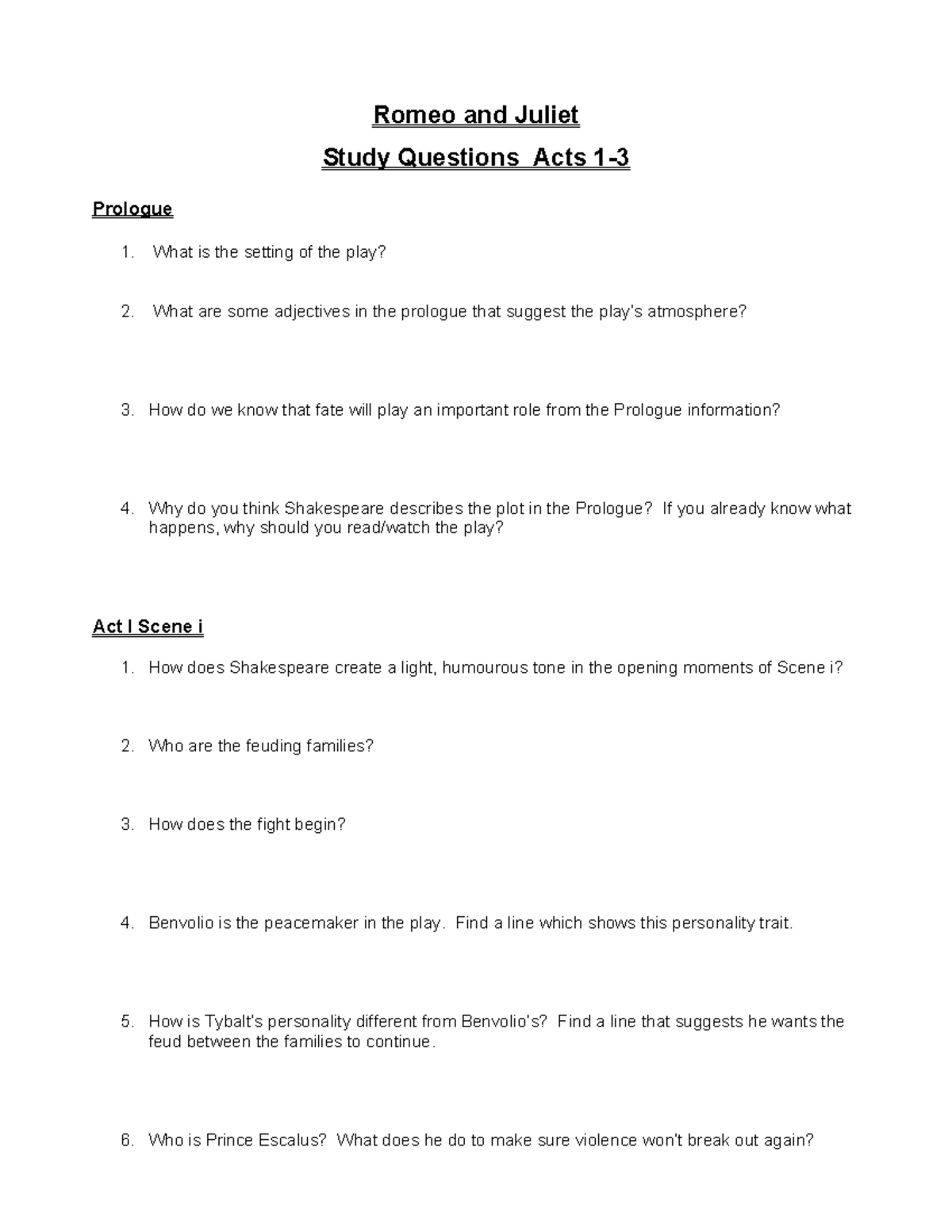 2017 R & J Study Questions: Acts 1-3 Analysis and Insights - Studocu