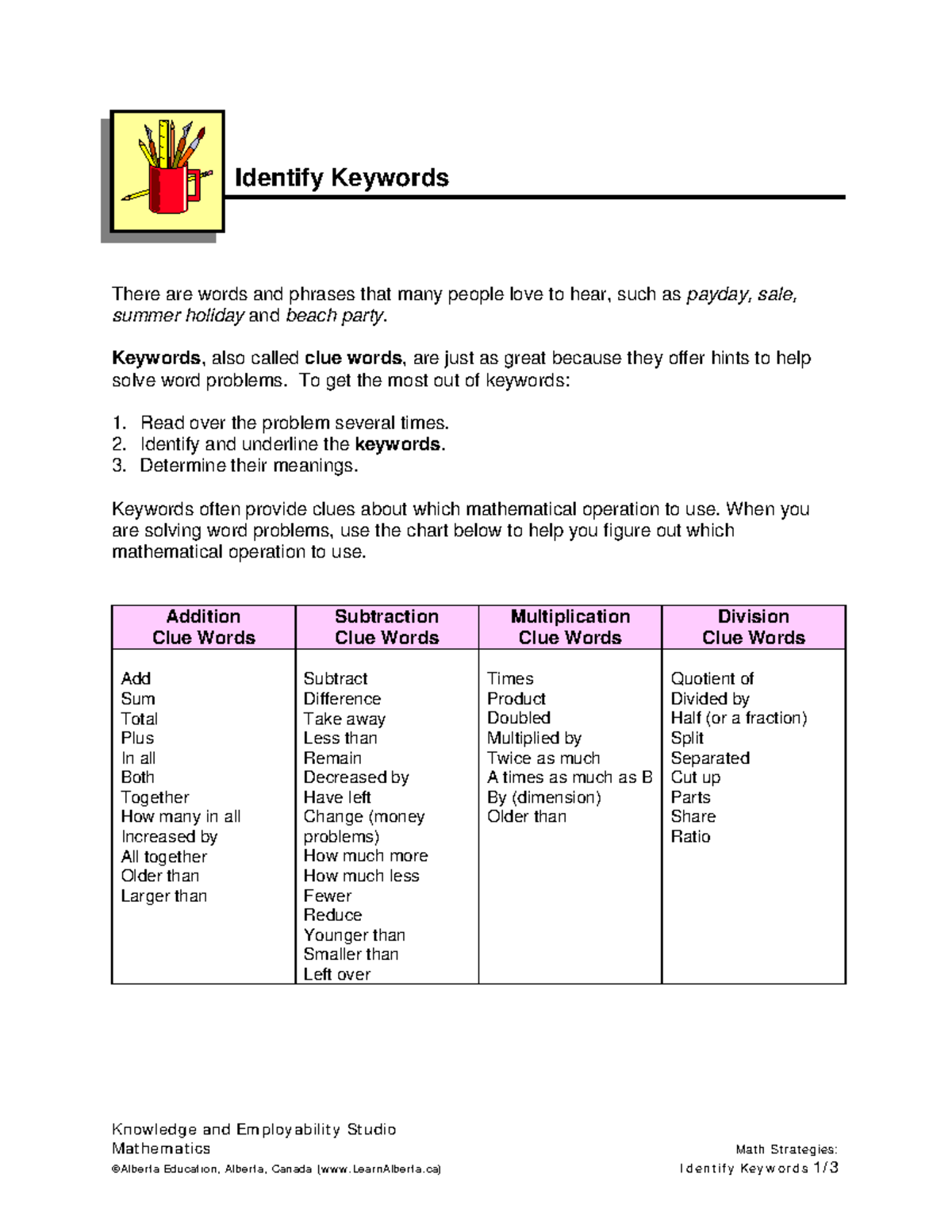 Mathematical Keywords Activity: Strategies for Word Problems - Studocu