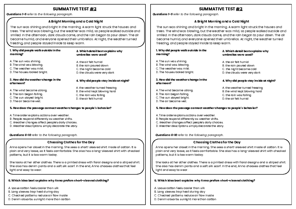 Summative Test 3 Questions on Weather and Clothing Choices (Gen Eng 4 ...