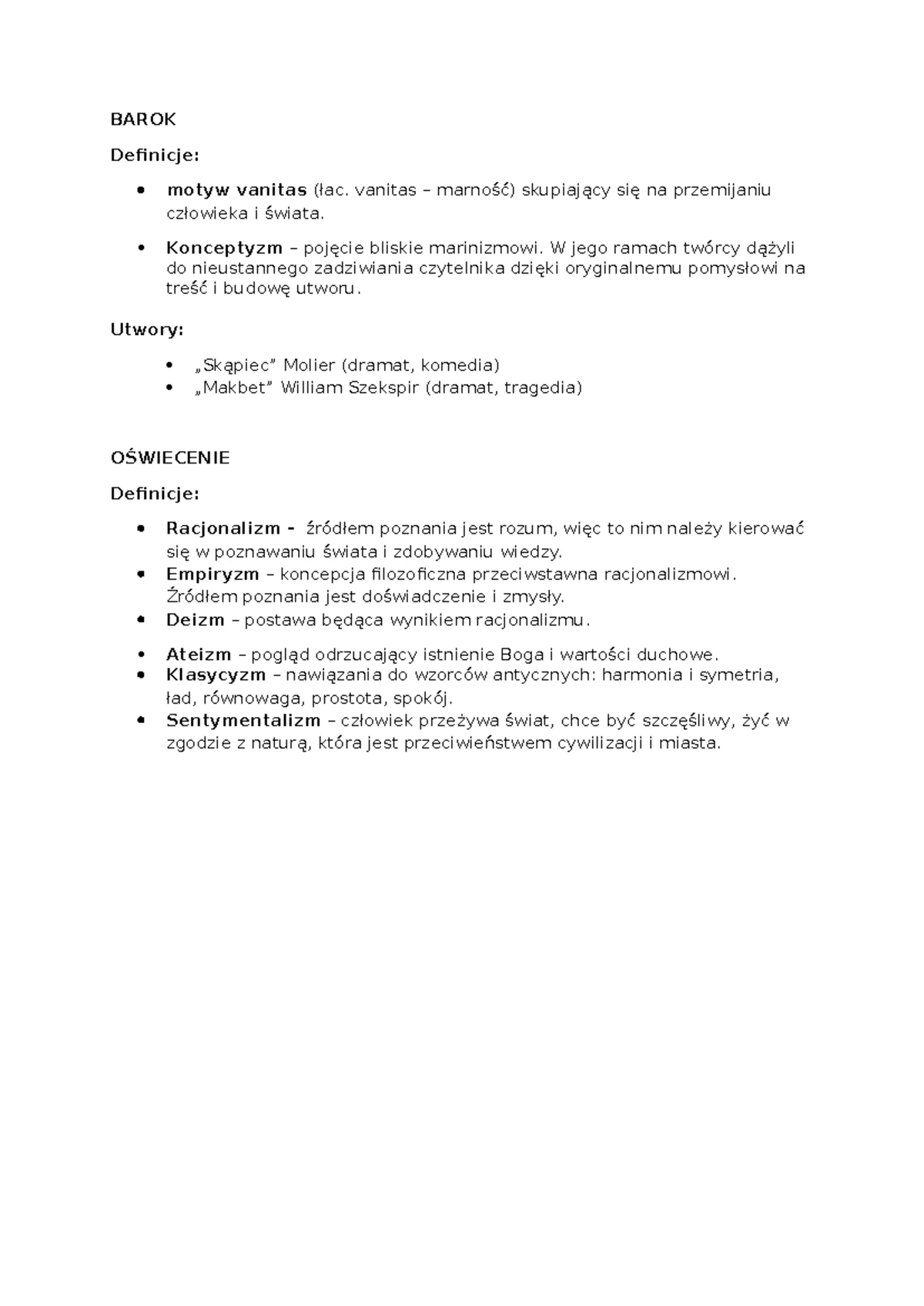 Barok - notatki do matury - BAROK CZAS TRWANIA Początek: 1597 r. – powstanie pierwszej opery ...