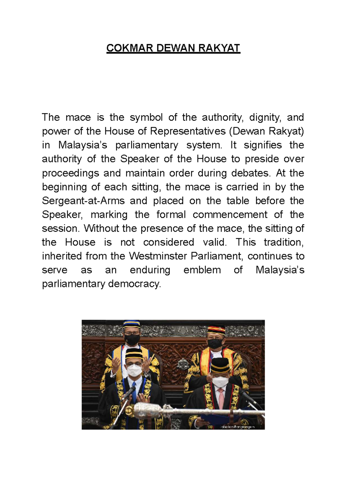 COKMAR DEWAN RAKYAT: Significance of the Mace in Parliament - Studocu