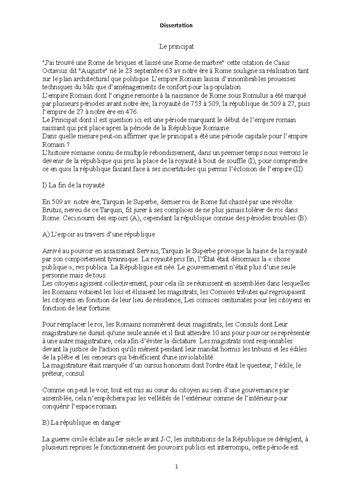 Le principat sous l'empire romain, le début de l'empire - Dissertation ...