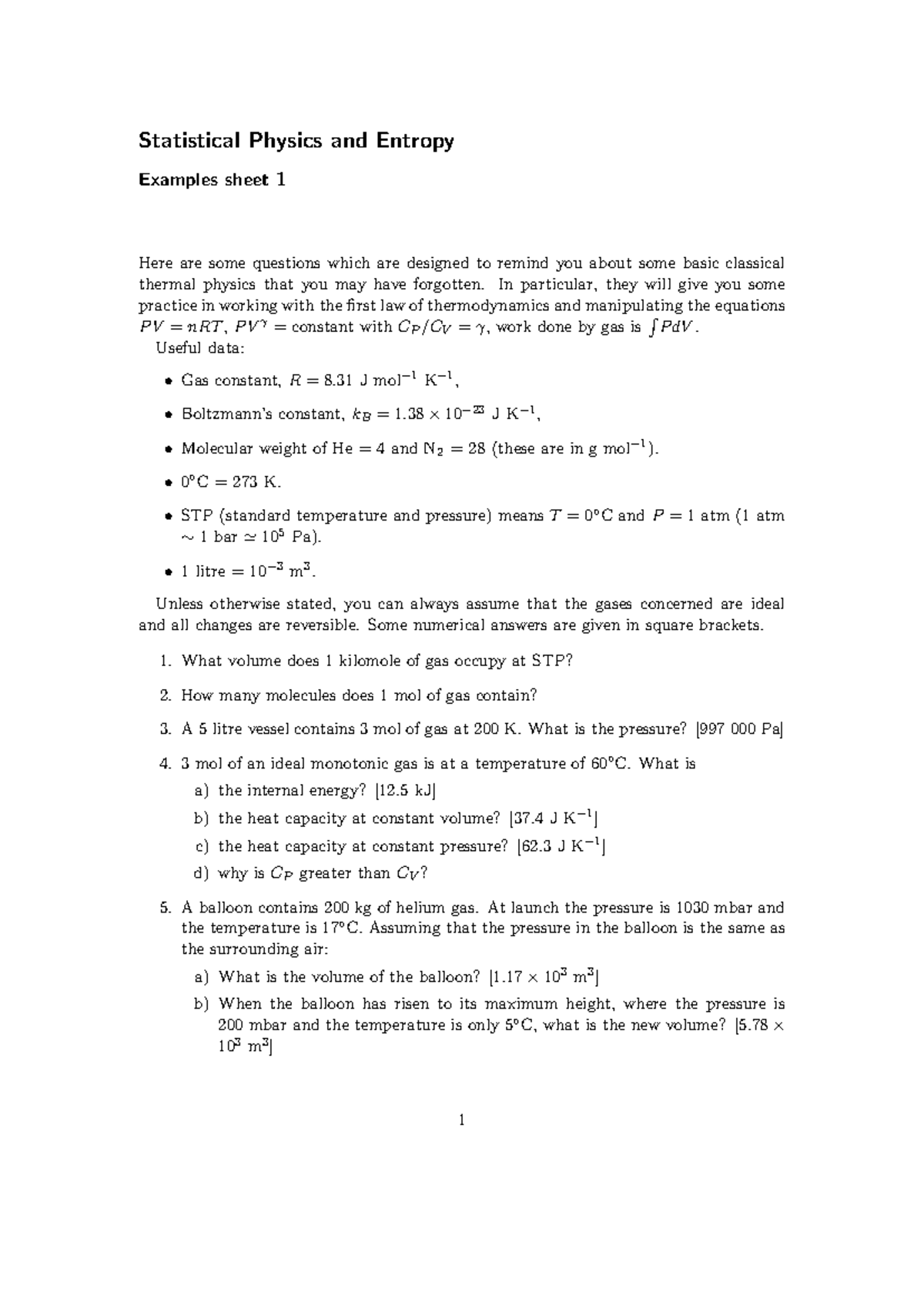 Exercise sheet 1 - Examples of excercises - Statistical Physics and ...