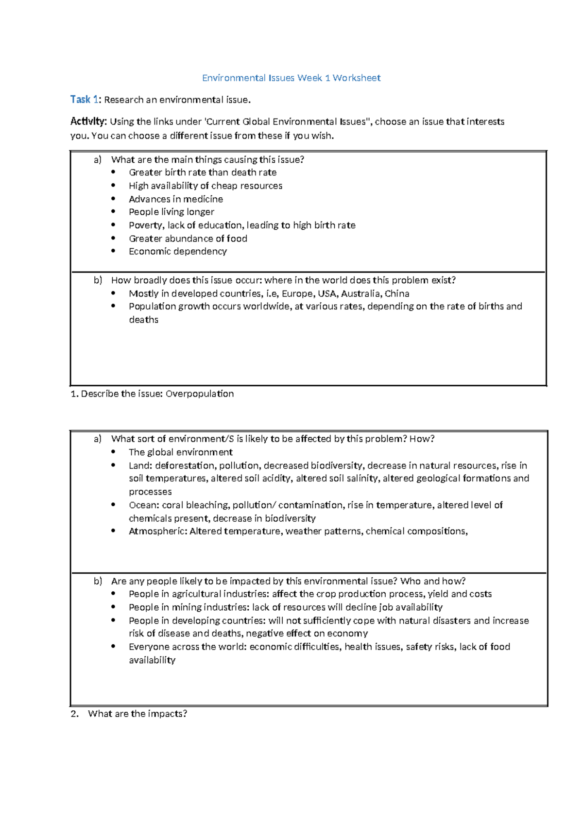 Environmental Issues (ENV101) Week 1 Worksheet: Overpopulation ...
