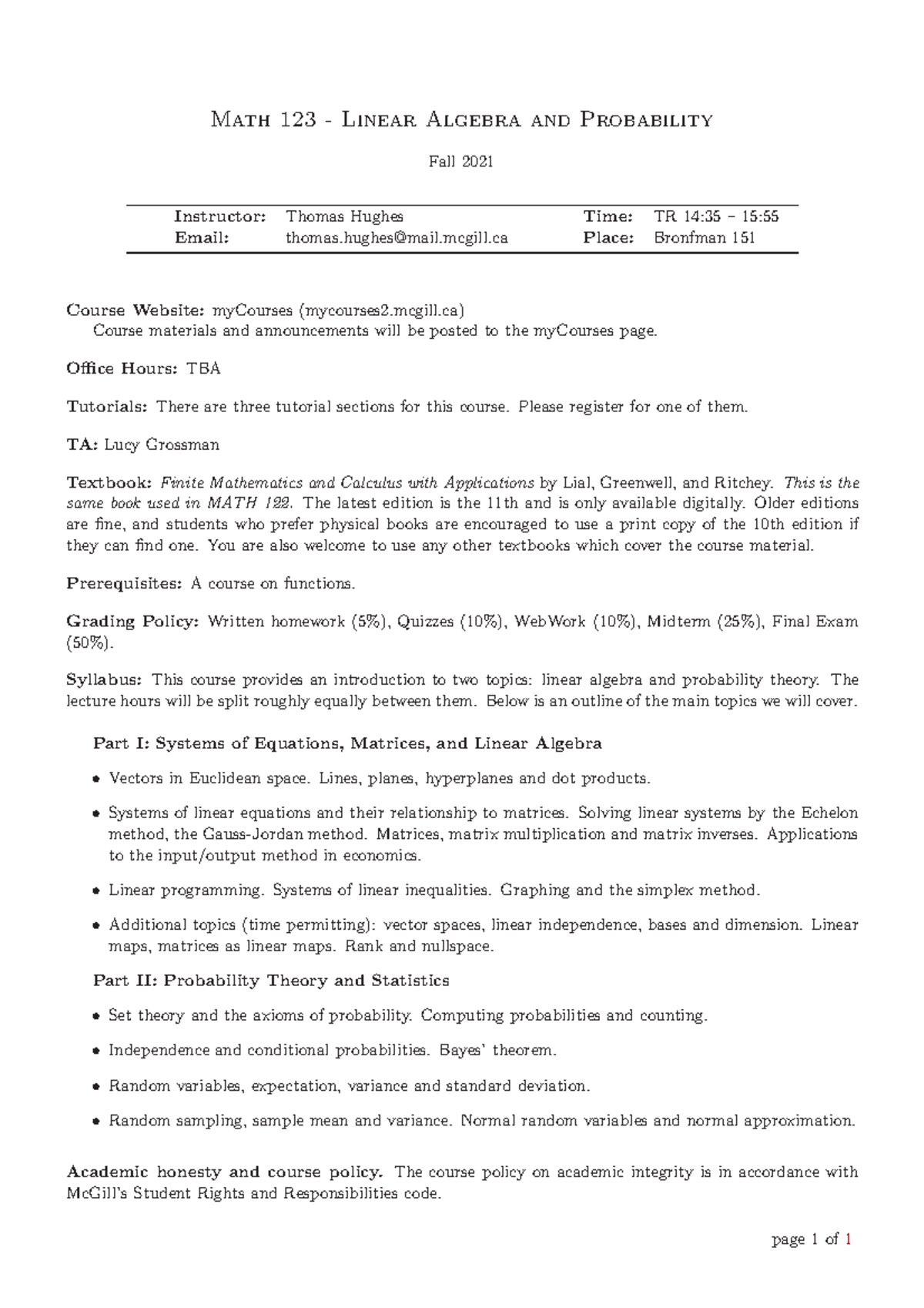 Maths 123 Syllabus - Math 123 - Linear Algebra and Probability Fall ...