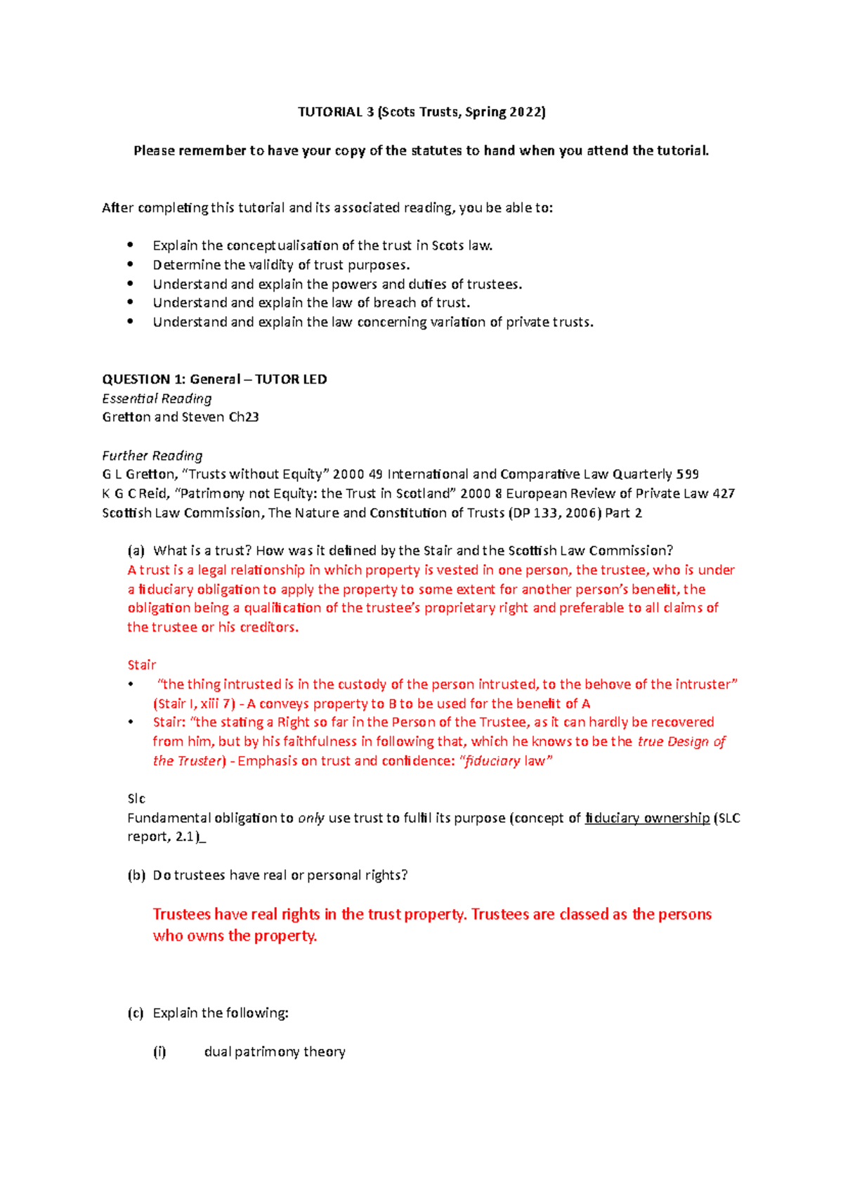 Scots Trusts Tutorial 3: Key Concepts & Discussion, Spring 2022 - Studocu