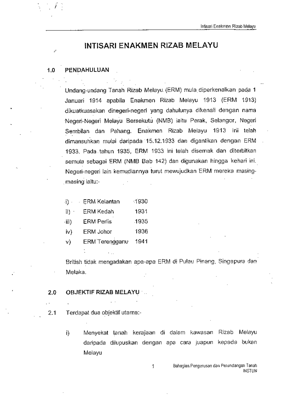 Intisari Enakmen Rizab Melayu (ERM) dan Peruntukan Terkait - Studocu