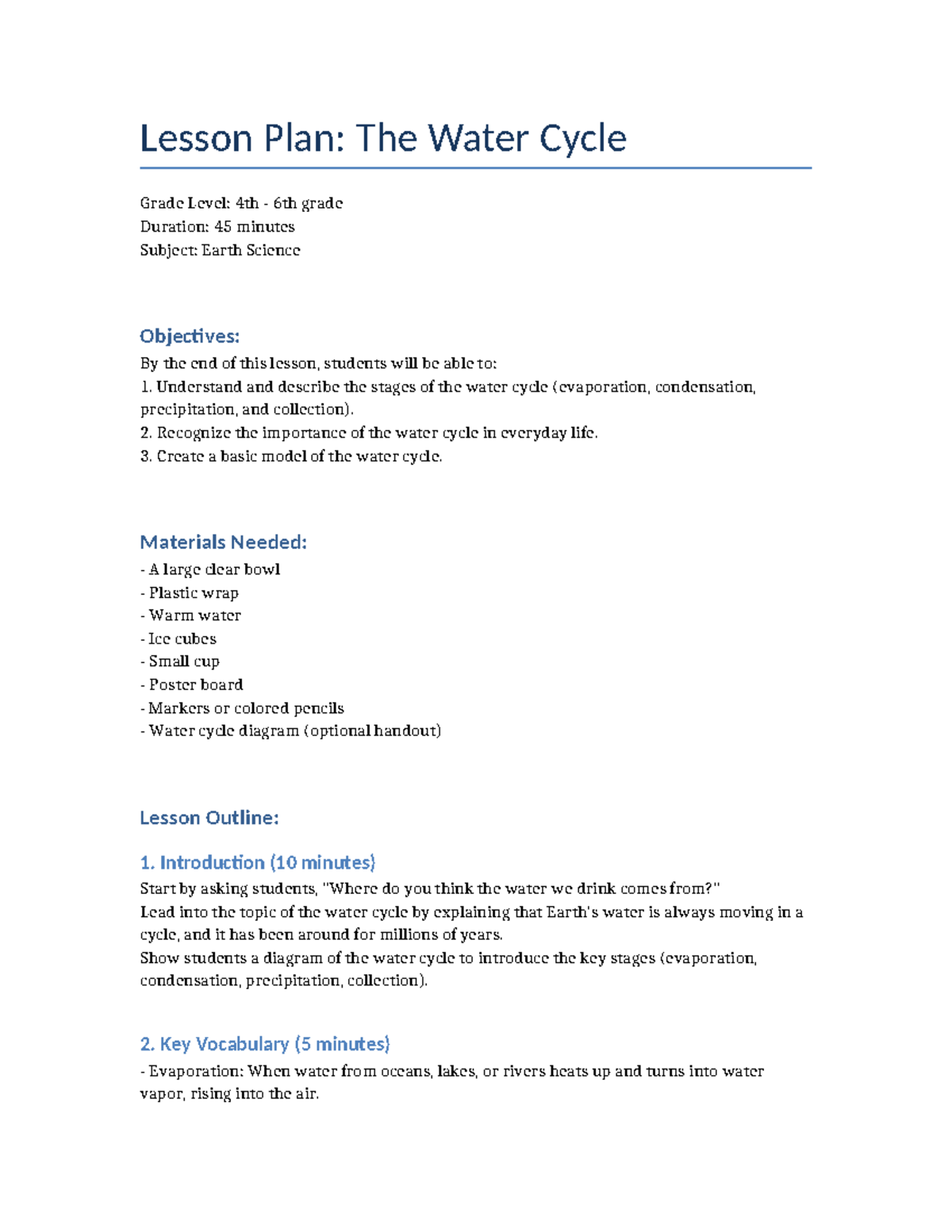 Water Cycle Lesson Plan for Grades 4-6: Earth Science Activities - Studocu