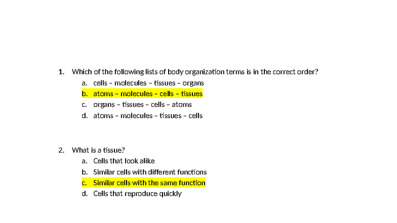 Tissues Unit Test (BIO 101): Understanding Body Organization - Studocu