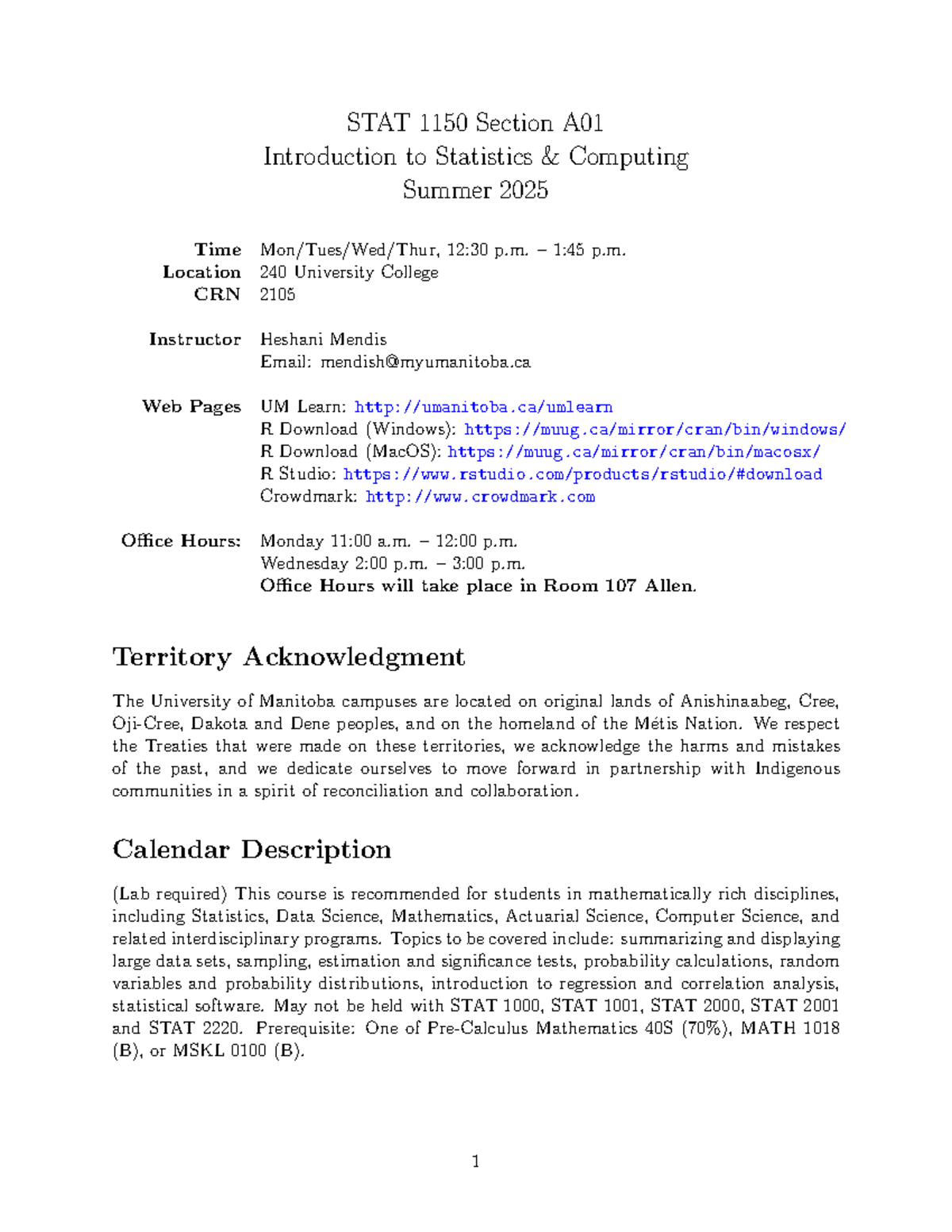 STAT 1150 A01 Course Outline: Introduction to Statistics Computing ...
