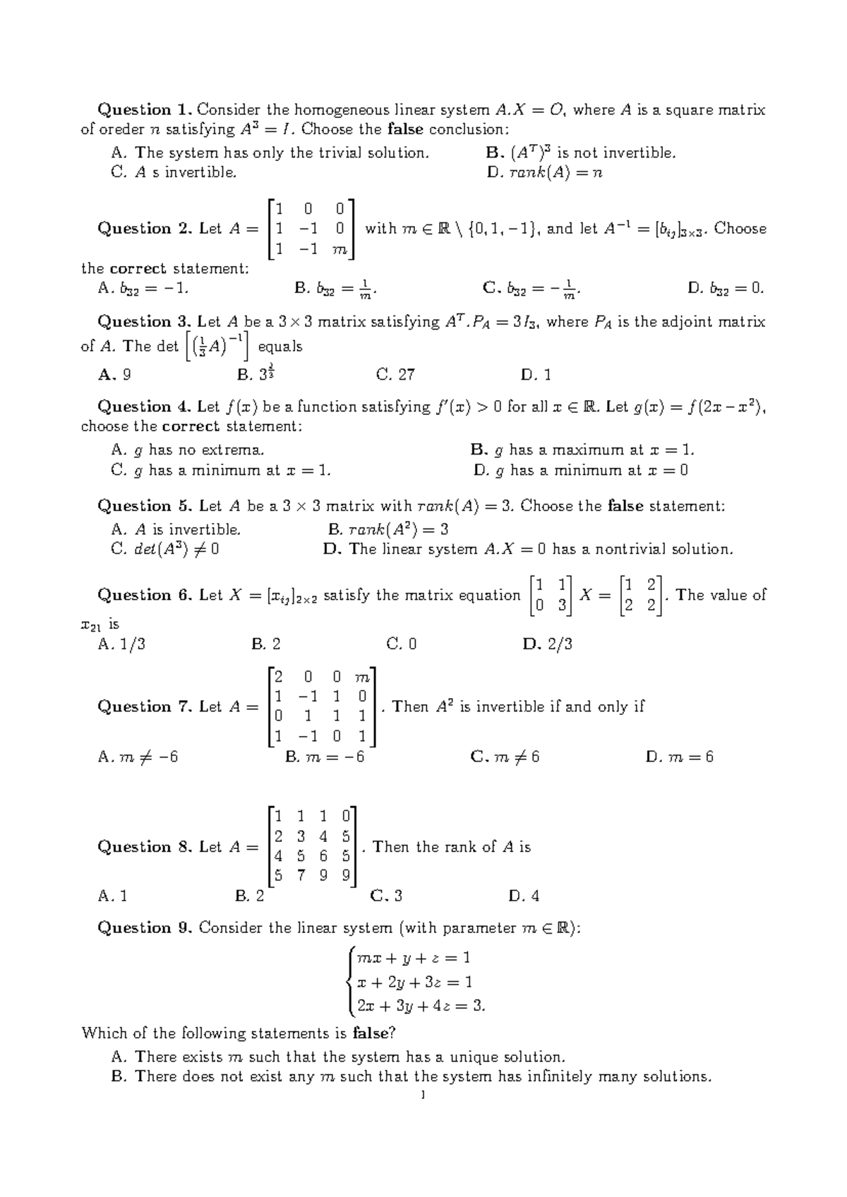 Linear Algebra Questions - Course Code: MATH101 - Studocu