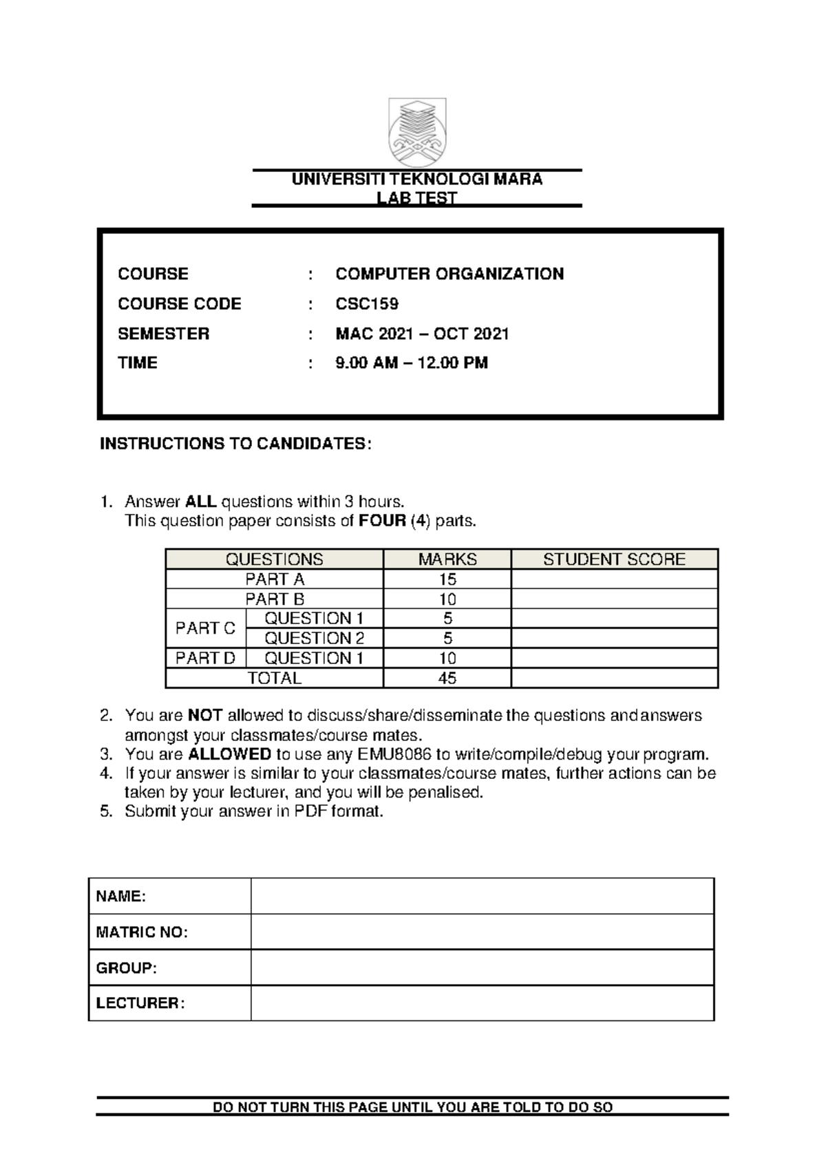 Sample Lab Test CSC159: Computer Organization - Oct 2021 - Studocu