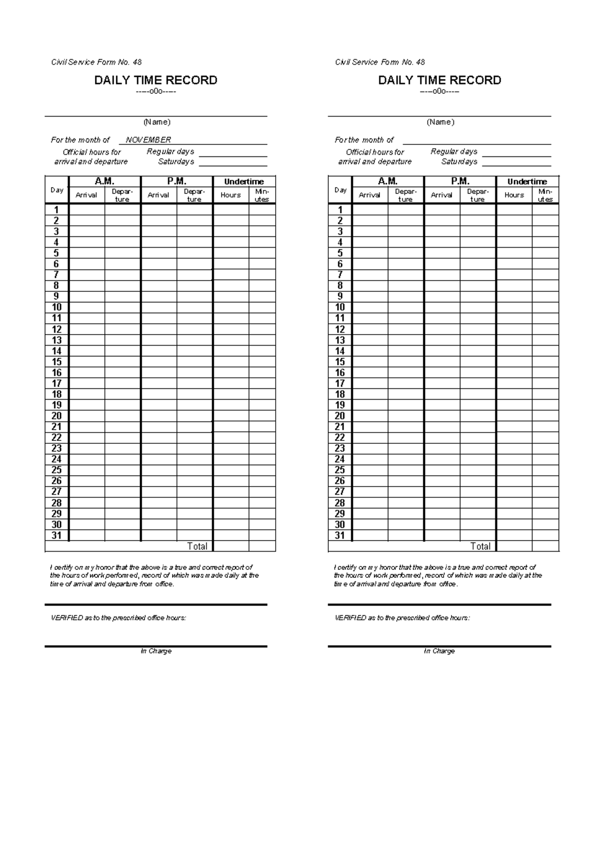 Civil Service Form No. 48: Daily Time Record for November - Studocu