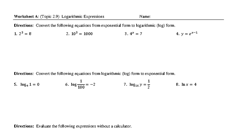 Worksheet A: Topic 2.9 Logarithmic Expressions Exercises - Studocu