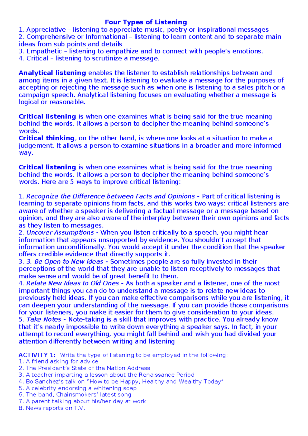 Four Types of Listening: Understanding and Improving Skills - Studocu