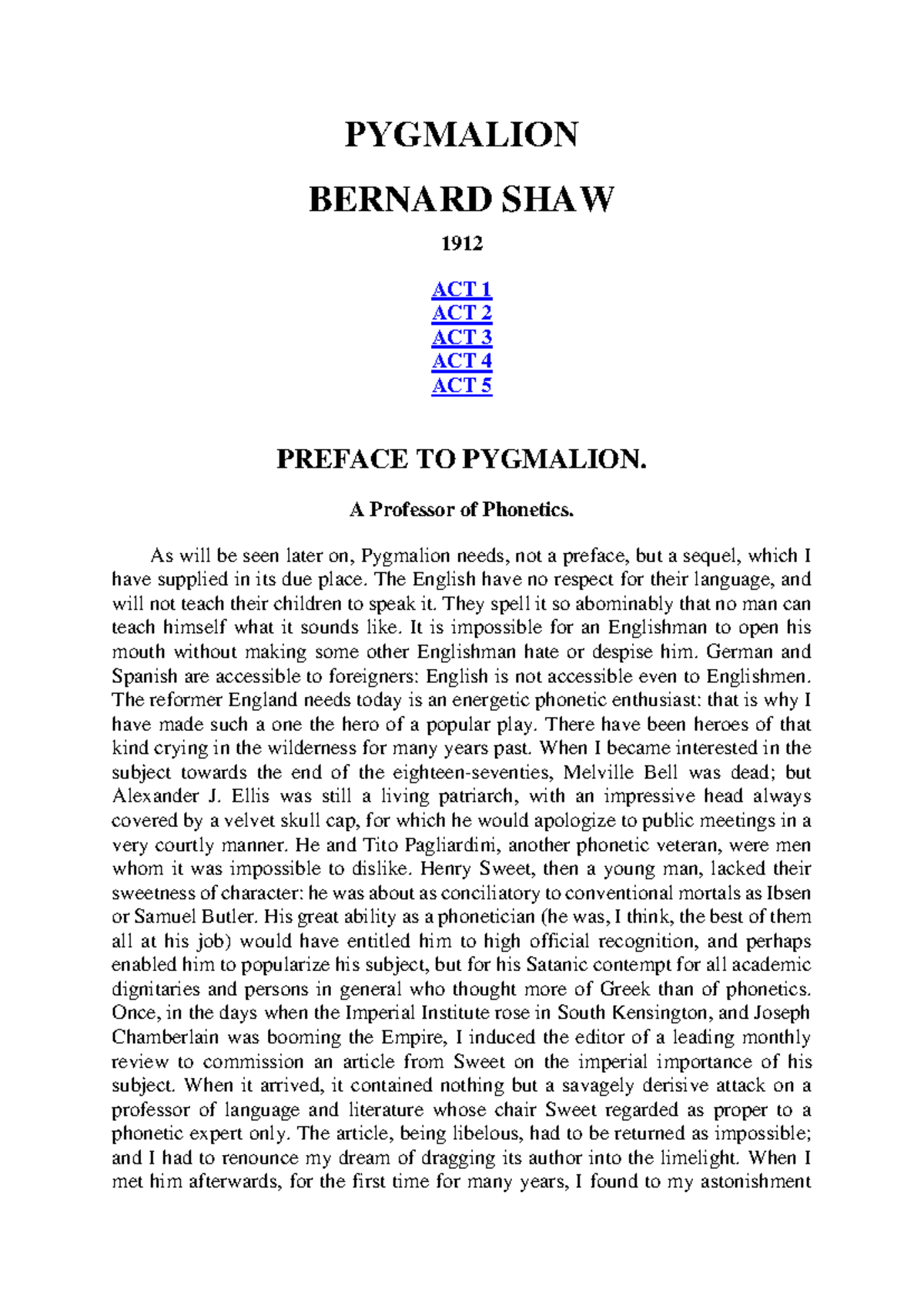 Pygmalion by Bernard Shaw: Acts & Preface Analysis Notes - Studocu
