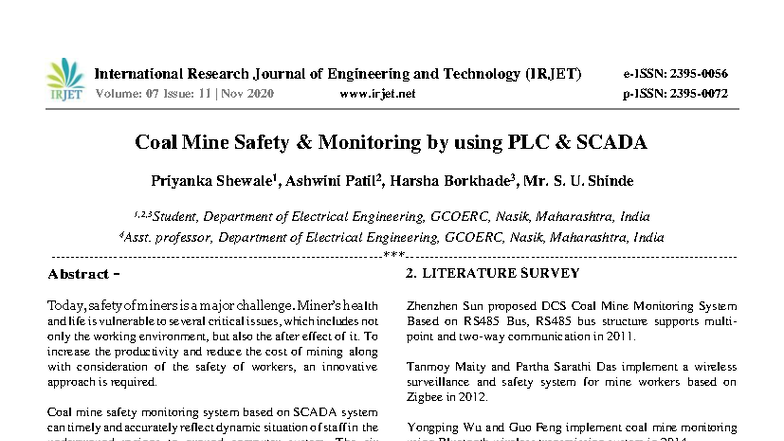 IRJET V7I11226: Coal Mine Safety Monitoring Using PLC SCADA - Studocu