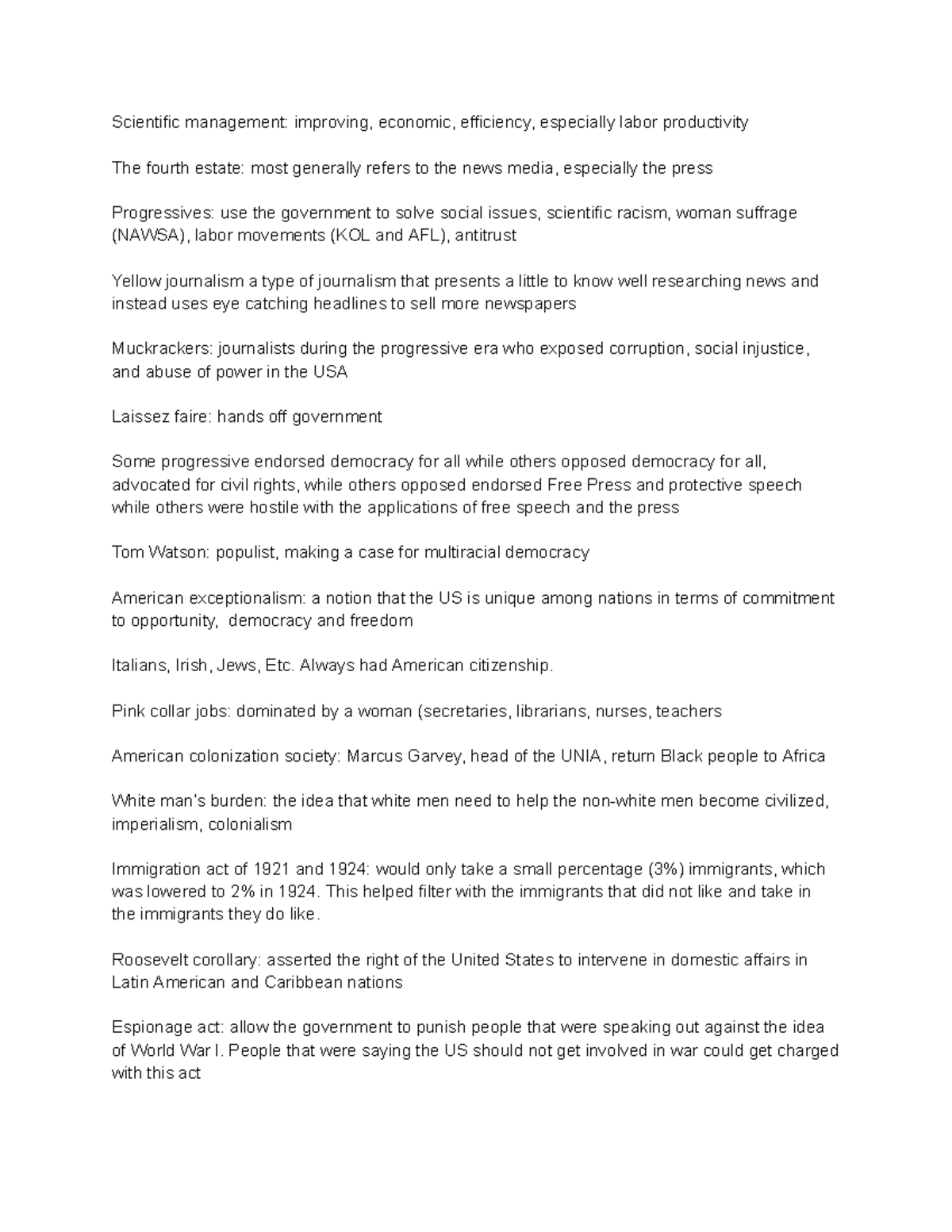 History Quiz 2 Notes: Key Concepts of the Progressive Era & WWI - Studocu