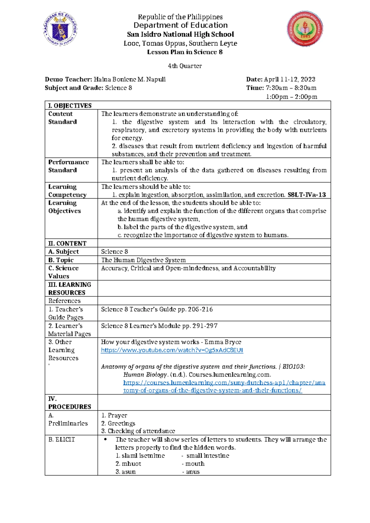 Science 8 Lesson Plan: Digestive System Diseases and Health - Studocu