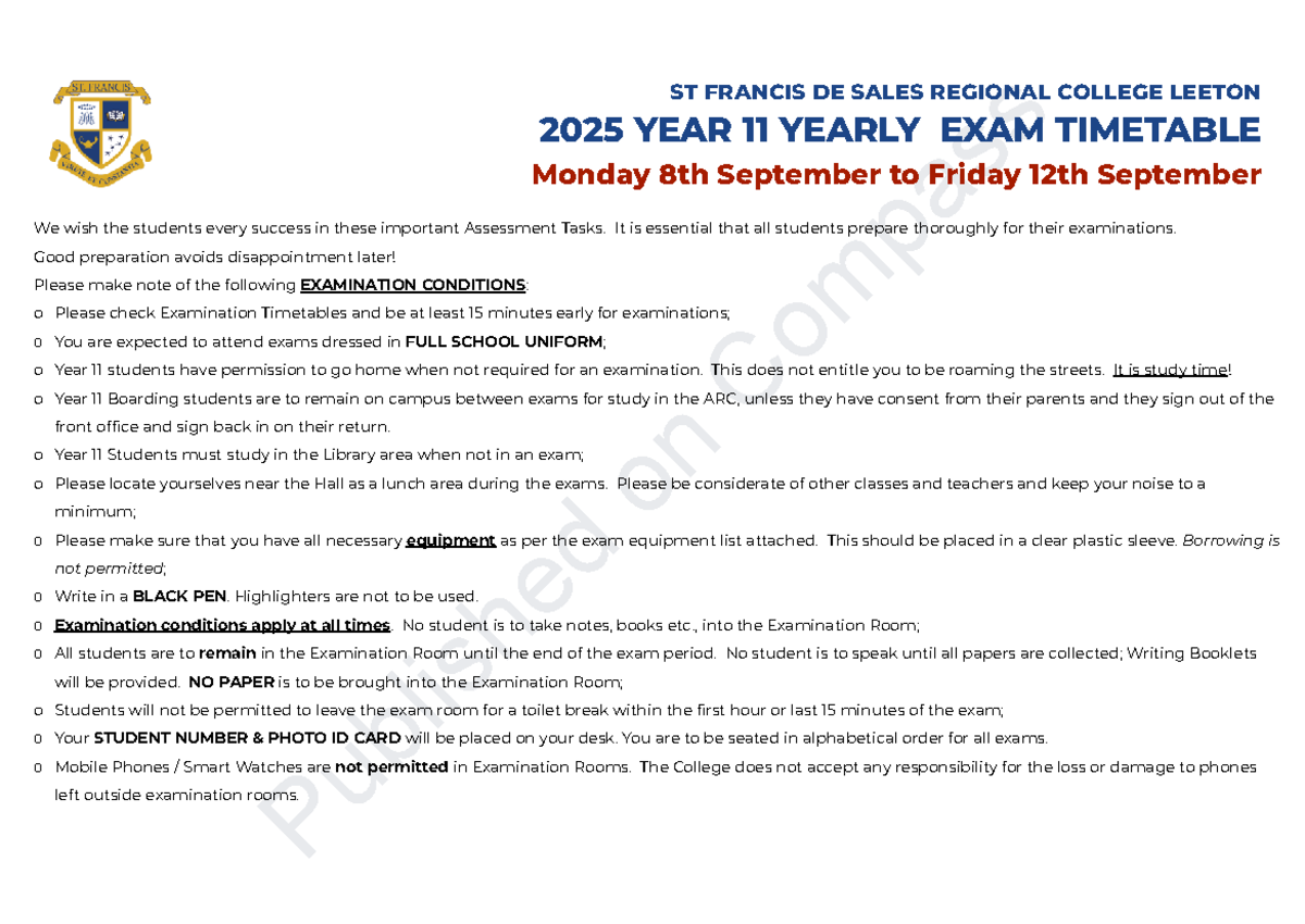 2025 Year 11 Exam Timetable: Important Dates & Conditions - Studocu