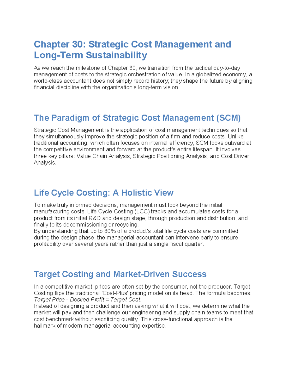 Managerial Accounting: Chapter 30 - Strategic Cost Management - Studocu