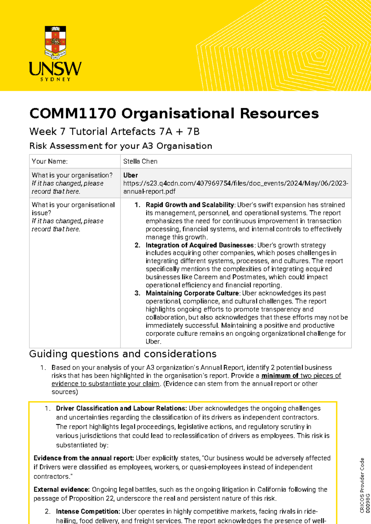 Week 7 Tutorial Artefacts Worksheet - COMM1170 Organisational Resources ...