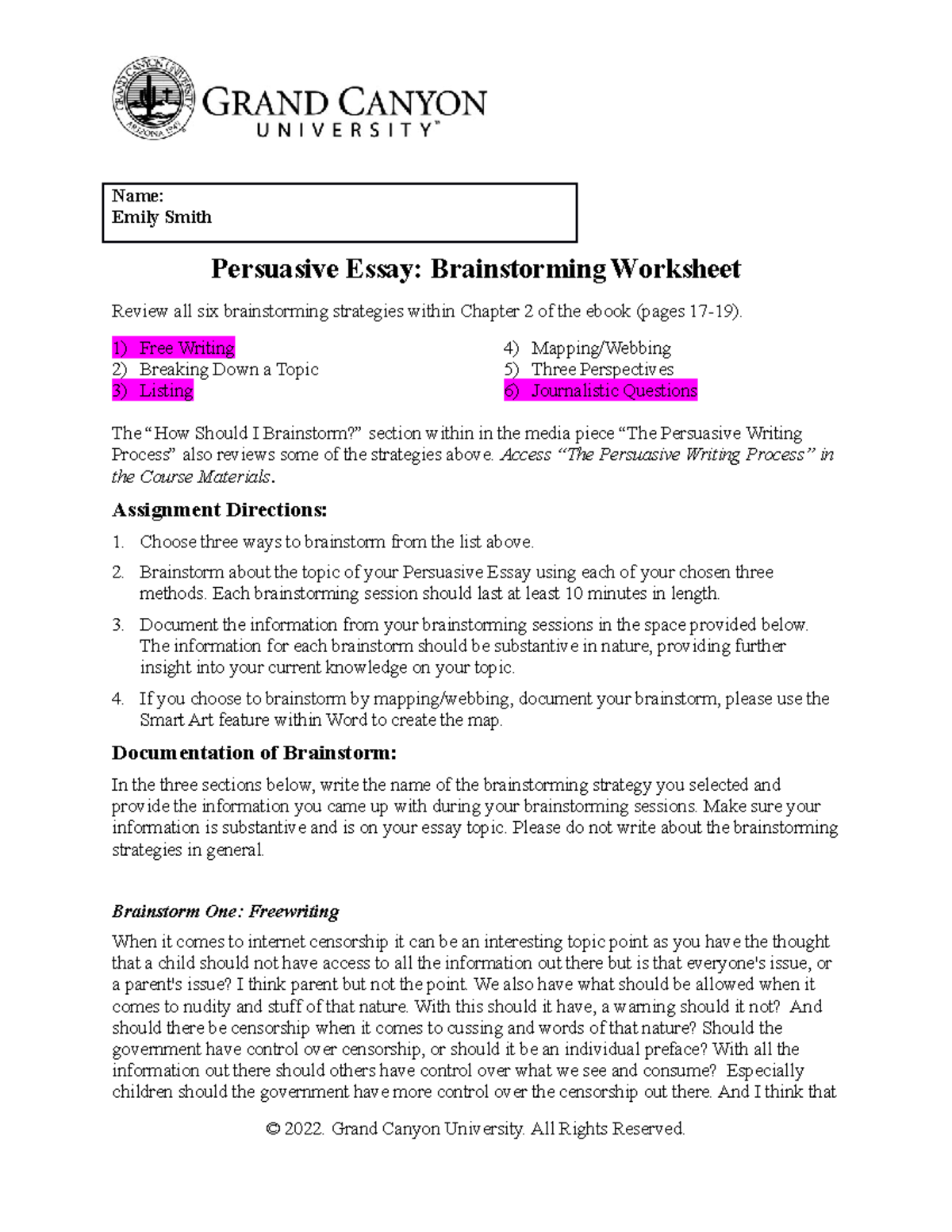 PHI105 T2 Persuasive Essay Brainstorming Strategies Worksheet - Studocu