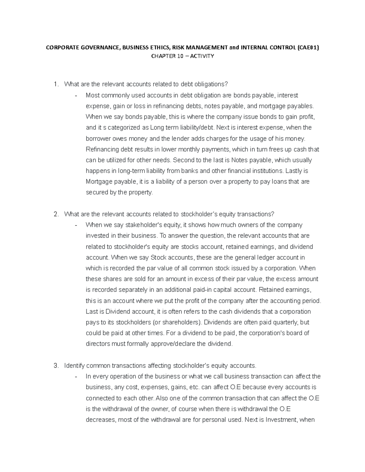 CAE01- ACT10 - CORPORATE GOVERNANCE, BUSINESS ETHICS, RISK MANAGEMENT ...