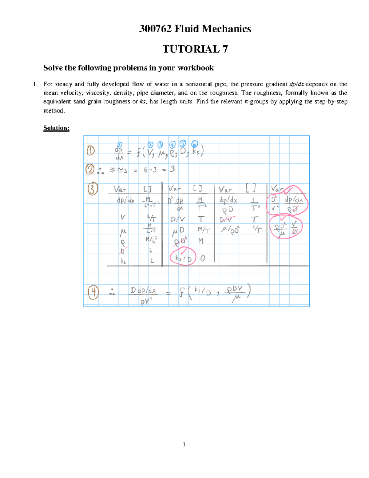 Solution of Tutorial 7 - sol - 300762 Fluid Mechanics TUTORIAL 7 Solve ...
